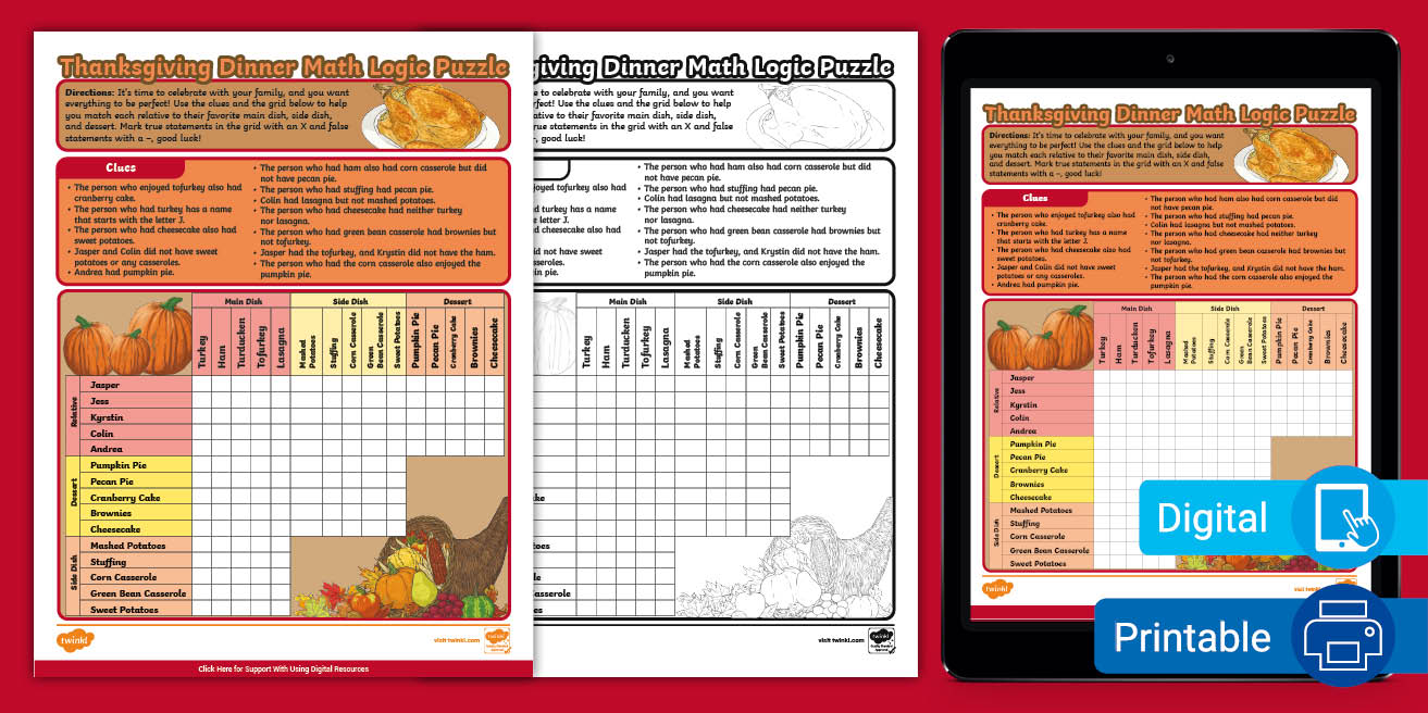 Thanksgiving Logic Puzzle for Grades 6-8 | Twinkl USA