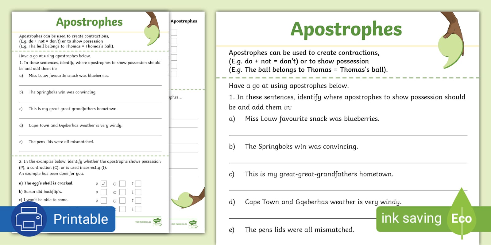 Apostrophes for Possession - Worksheet