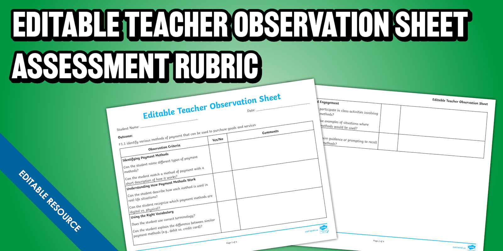 Grade 4 F1.1 Editable Teacher Observation Sheet and Rubric