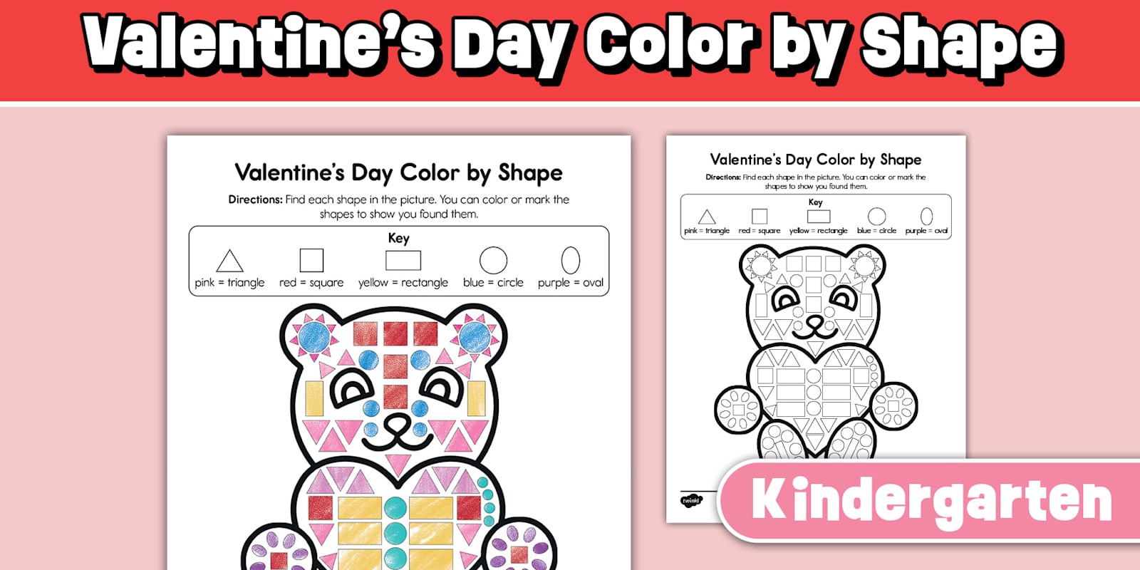 Kindergarten Valentine's Day Color by Shape Worksheet