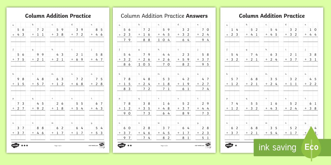 2-Digit Addition on Squared Paper Worksheet