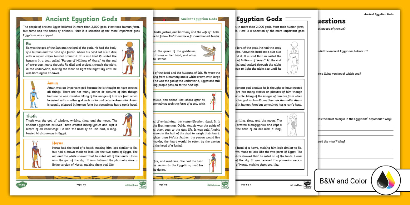 Fifth Grade Ancient Egyptian Gods Reading Comprehension Worksheet