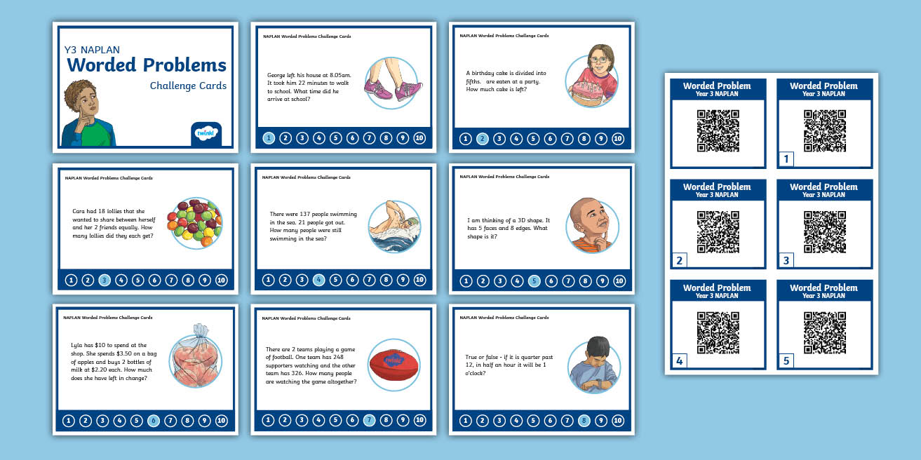 Year Three Maths Test - NAPLAN Word Problems Challenge Cards