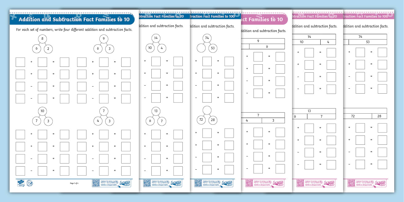 Addition and Subtraction Fact Family Part Whole Model Worksheet