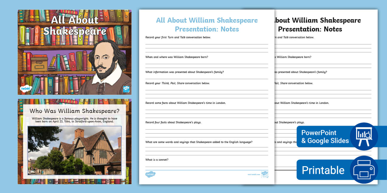 All About William Shakespeare PowerPoint & Google Slides for 3rd-5th Grade