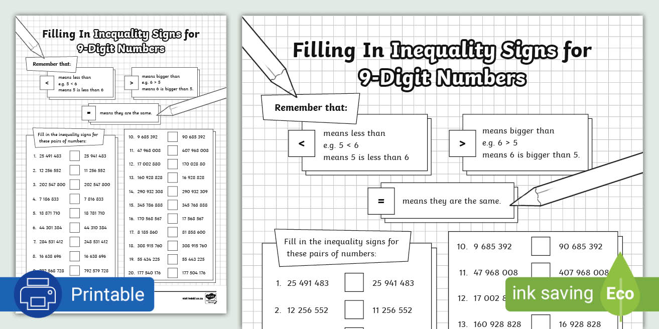 Filling In Inequality Signs for 9-Digit Numbers Activity Sheet