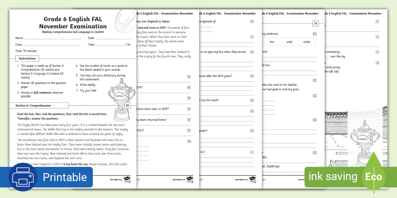 Grade 6 English FAL- Term 4 - Examination (CAPS Aligned)