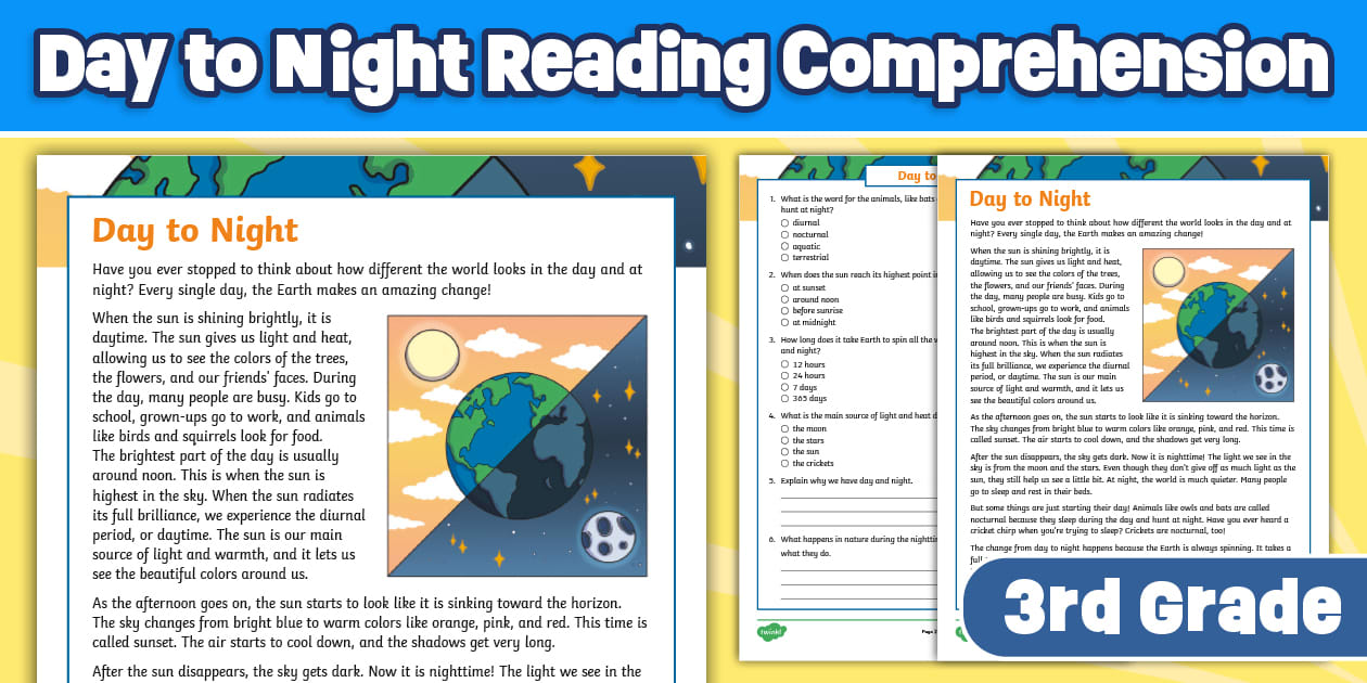 Third Grade Day to Night Reading Comprehension Worksheet