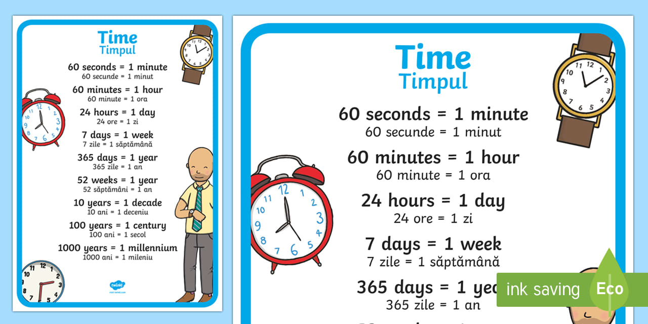 Time Display Poster English/Romanian - time, minutes, hours, telling ...