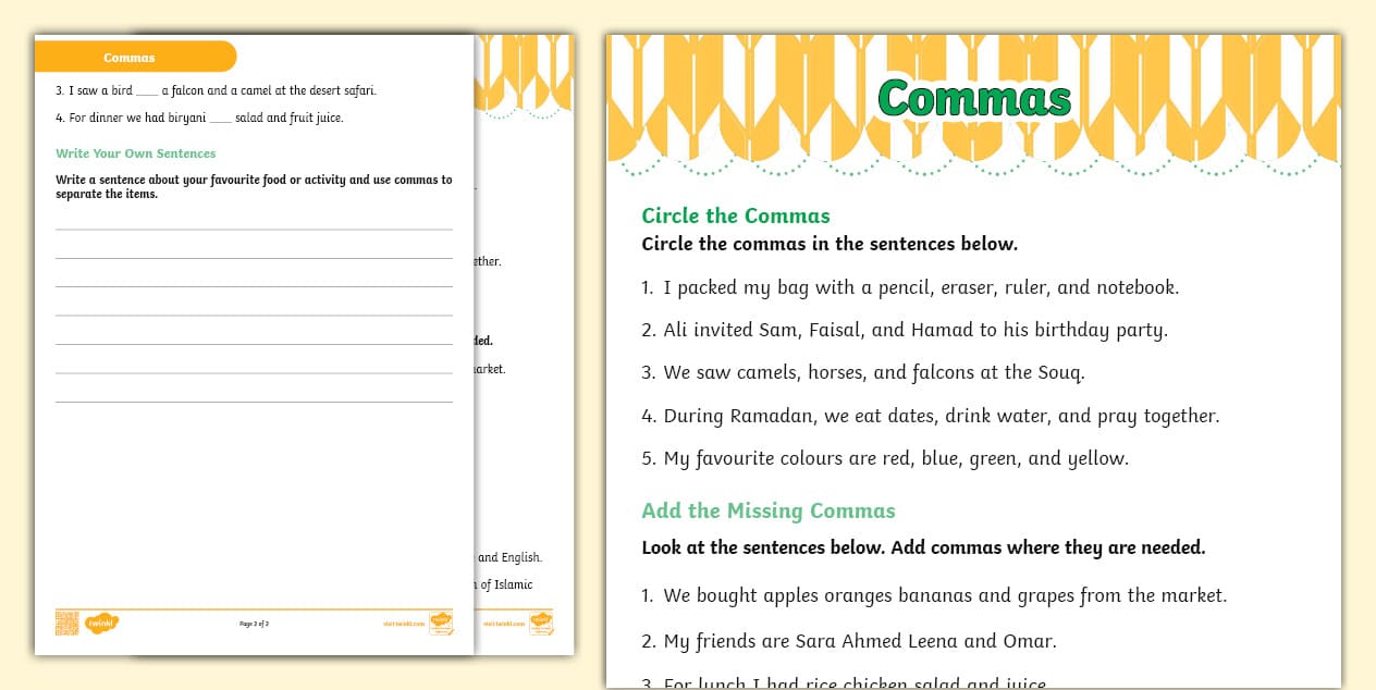 Commas Activity Sheet
