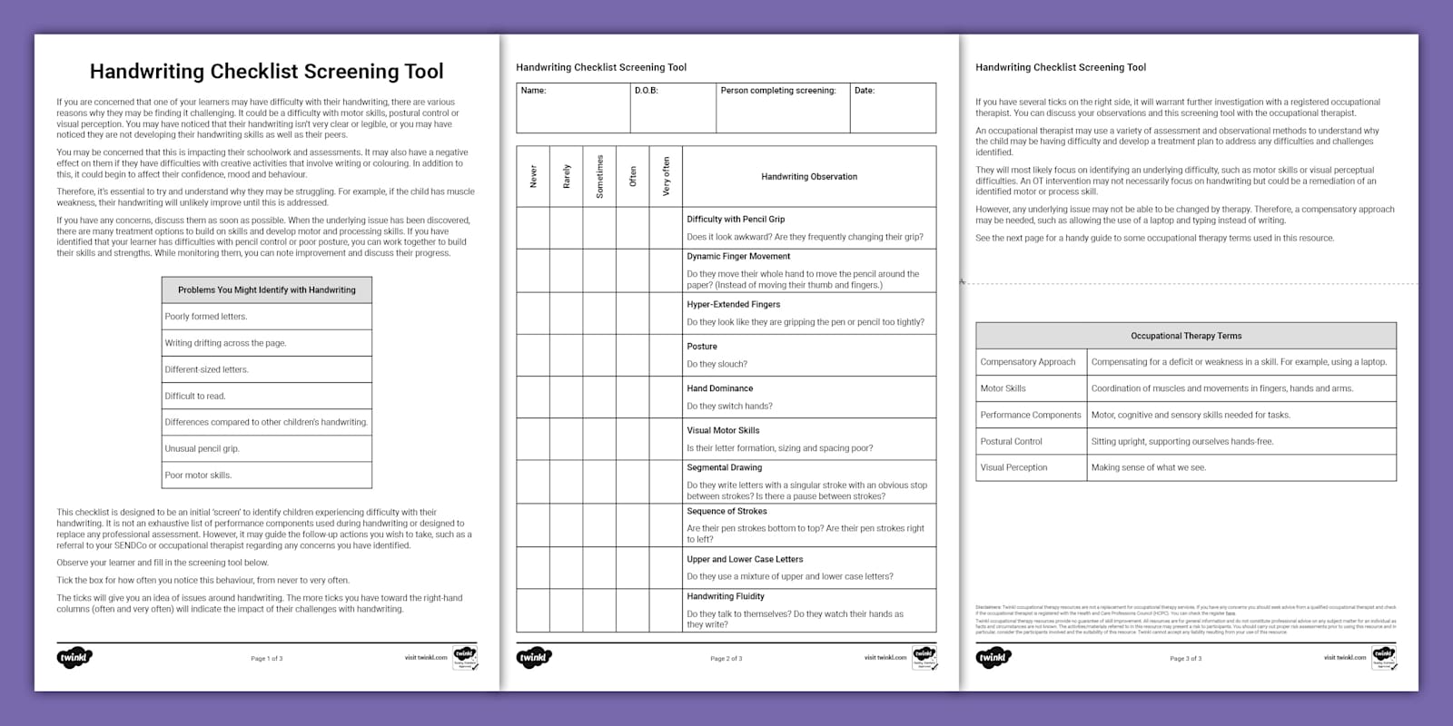 Handwriting Checklist Occupational Therapy Screening Tool