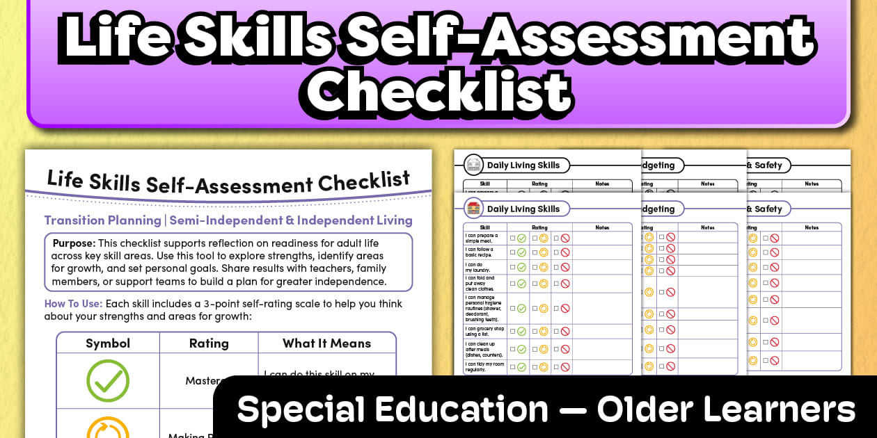 Life Skills Self-Assessment Checklist for Older Learners | Special ...