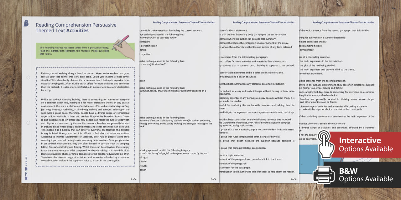 Reading Comprehension 'Analysing Persuasive Text' Worksheets