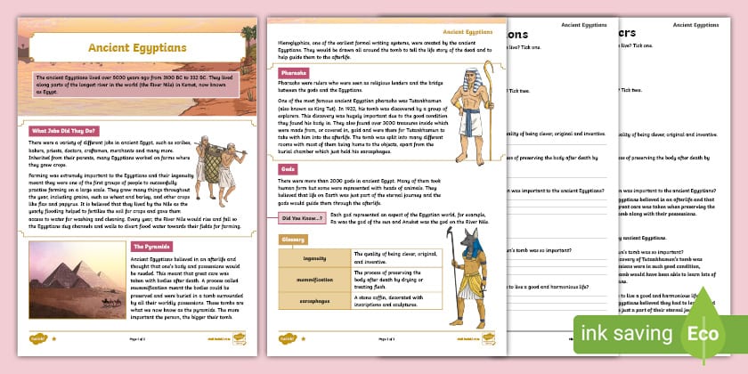 UKS2 Ancient Egyptians Differentiated Reading Comprehension Activity