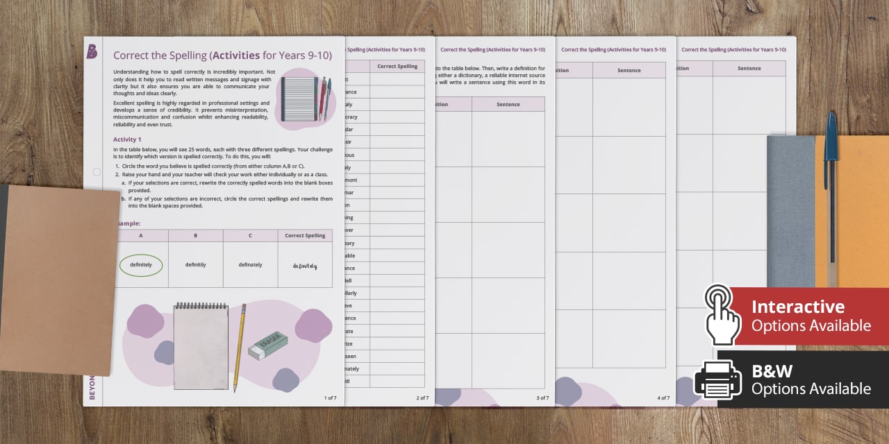 Correct the Spelling (Activities for Years 9-10)
