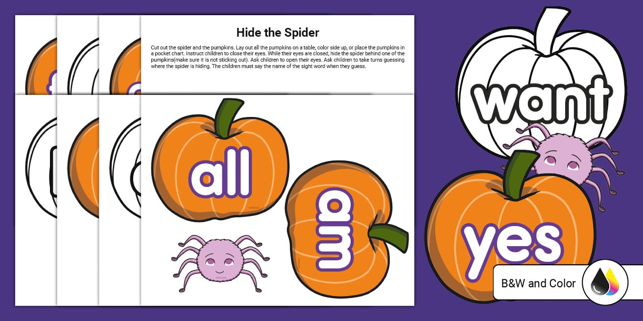 Hide the Spider Sight Word Worksheet for PreK- K