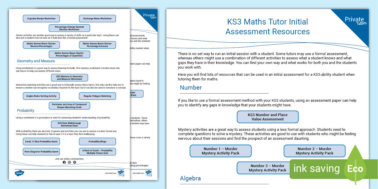 KS3 Maths Tutor Initial Assessment Resources