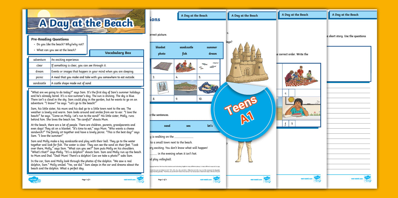 A Day at the Beach ESL Reading Comprehension [Teens, A1]