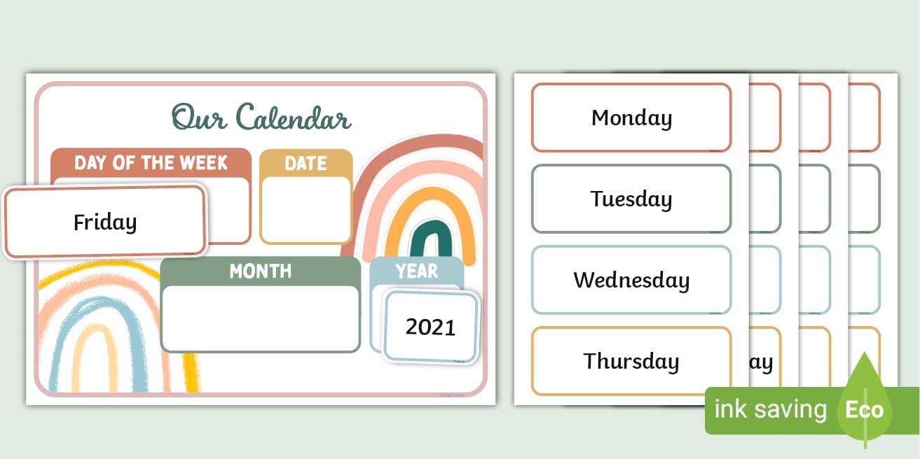 Muted Rainbow Themed Daily Calendar Chart
