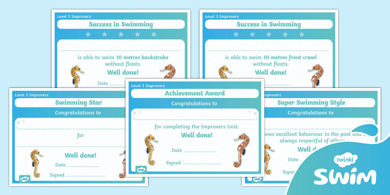 Twinkl Swim - Level 3 (Improvers) Certificates Pack
