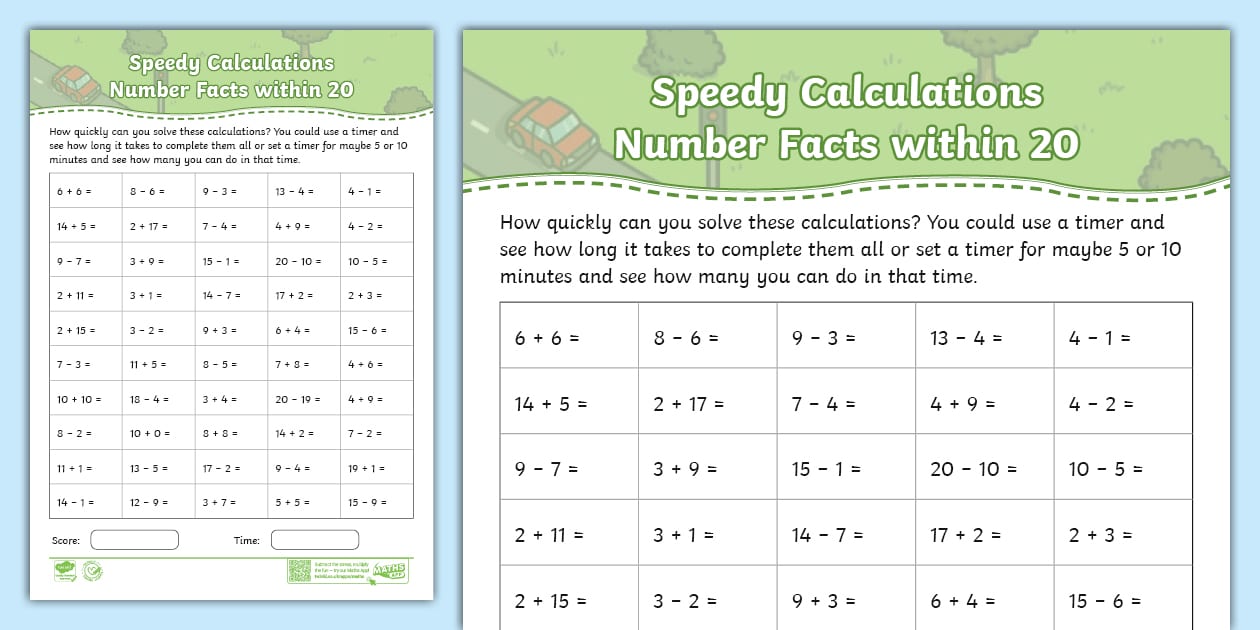 Speedy Calculations Number Facts within 20 Activity Sheet