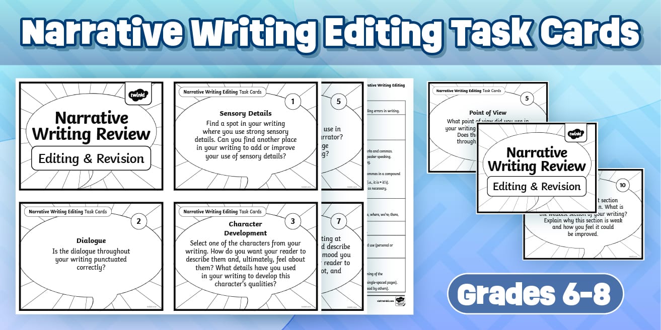 Narrative Writing Editing Task Cards and Checklist for 6th-8th Grade