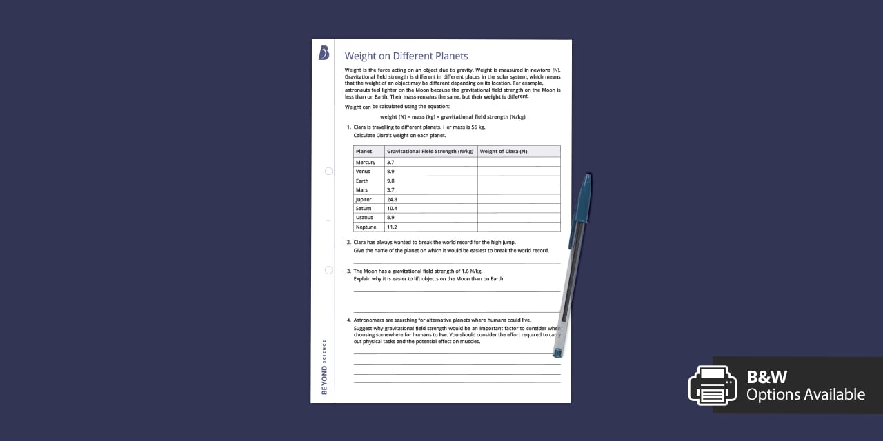 Weight on Different Planets Worksheet