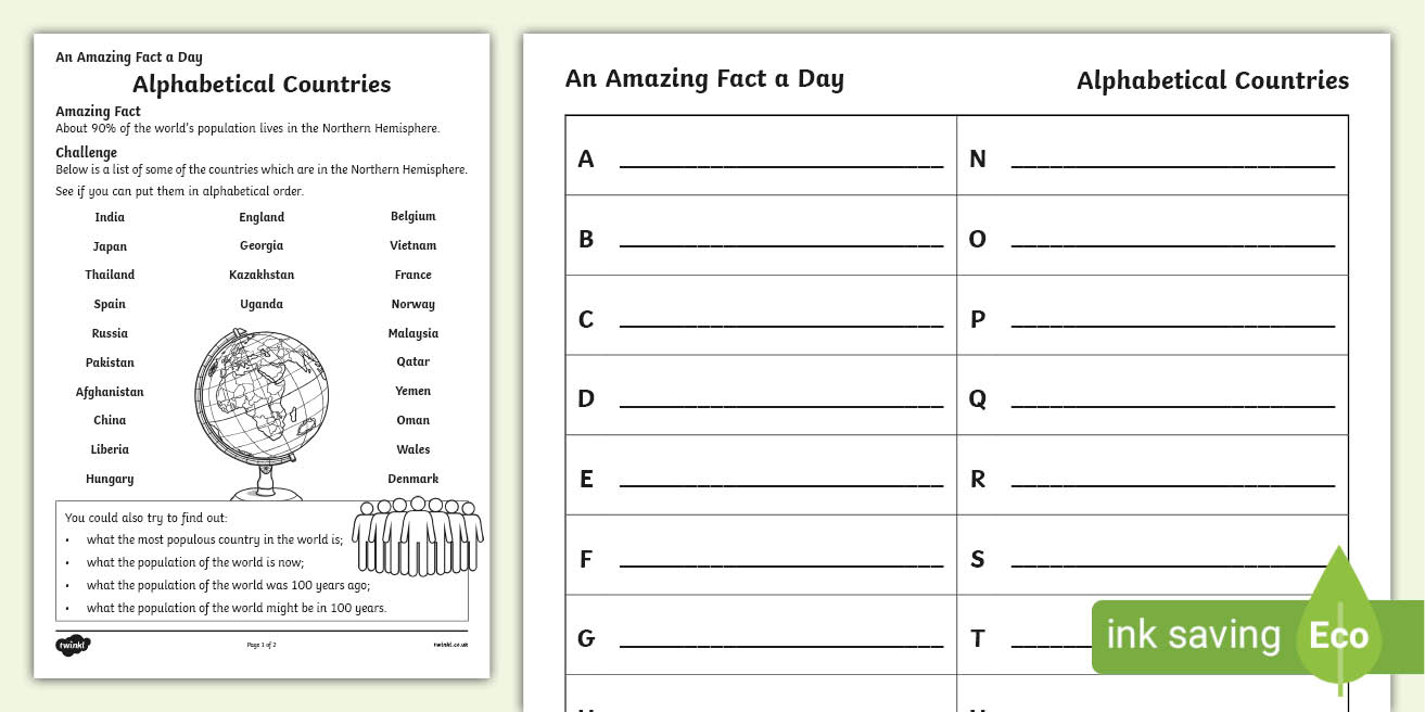 List of Countries in Alphabetical Order Worksheet | Twinkl