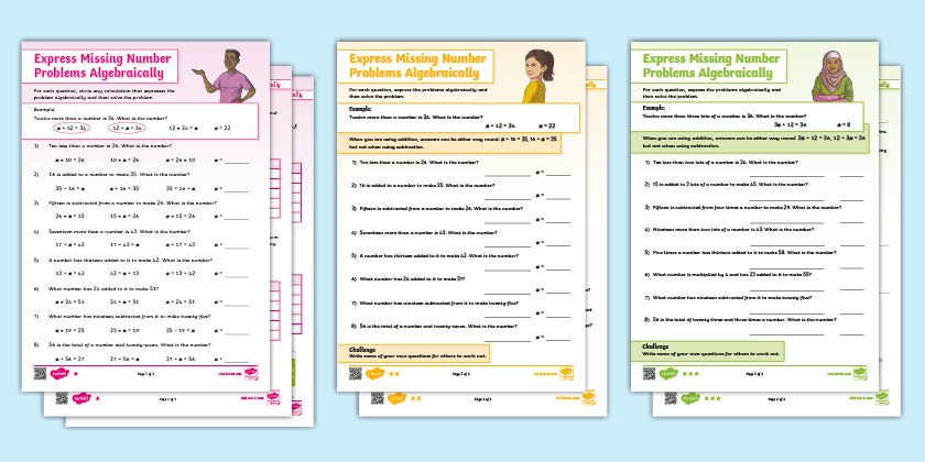 Year 6 Expressing Missing Number Problems Algebraically Worksheet Pack ...