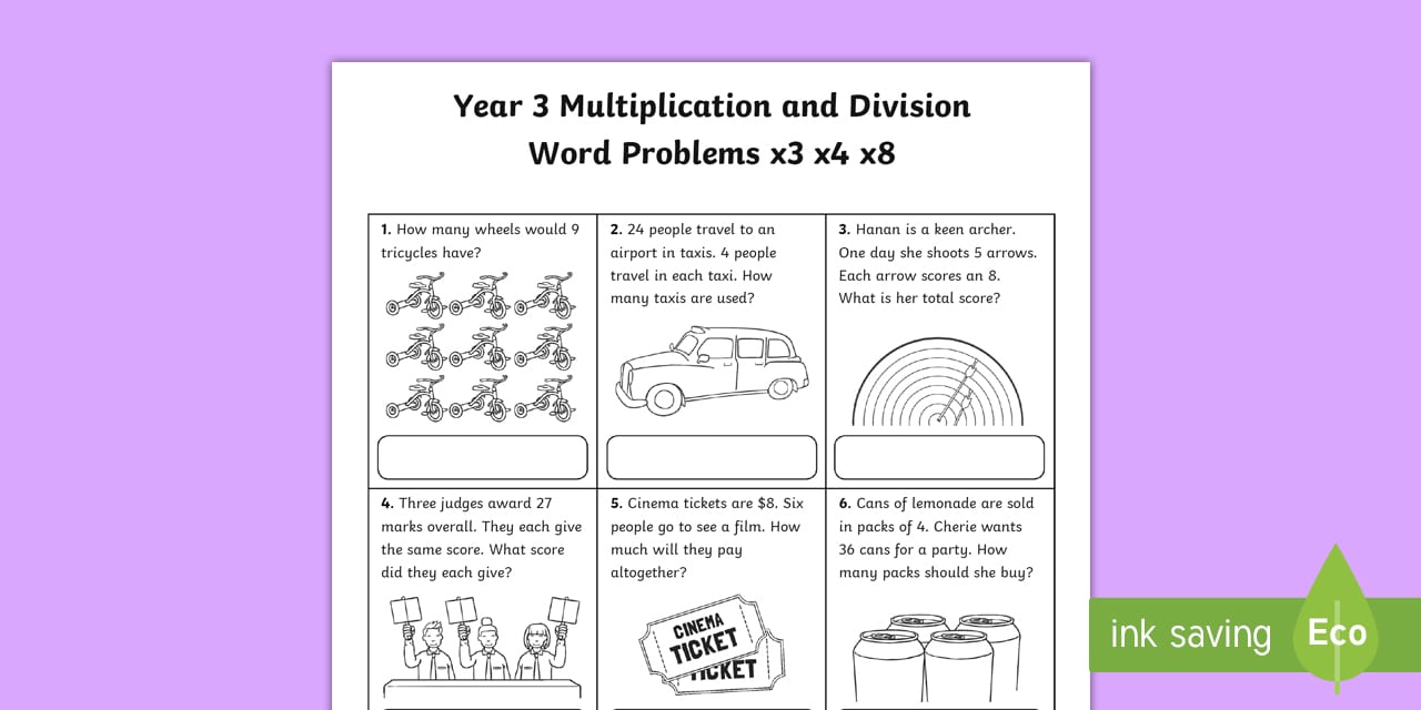 Year 3 Multiplication and Division Word Problems x3 x4 x8 Worksheet