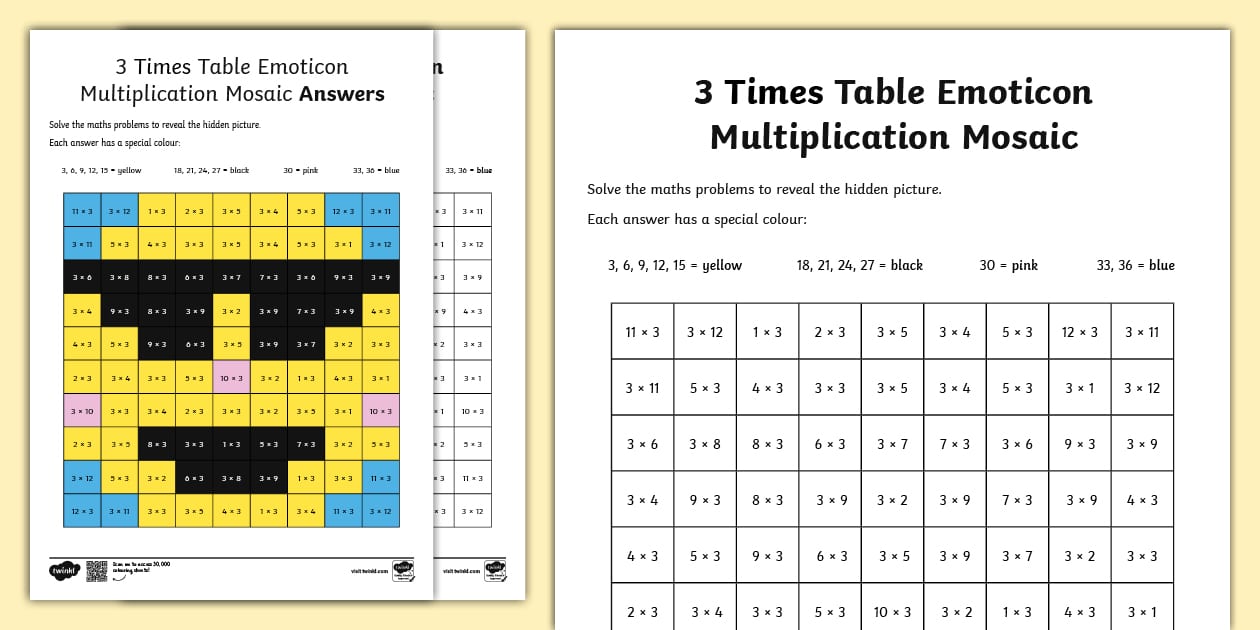 3 Times Table Emoticon Multiplication Mosaic Activity Sheet