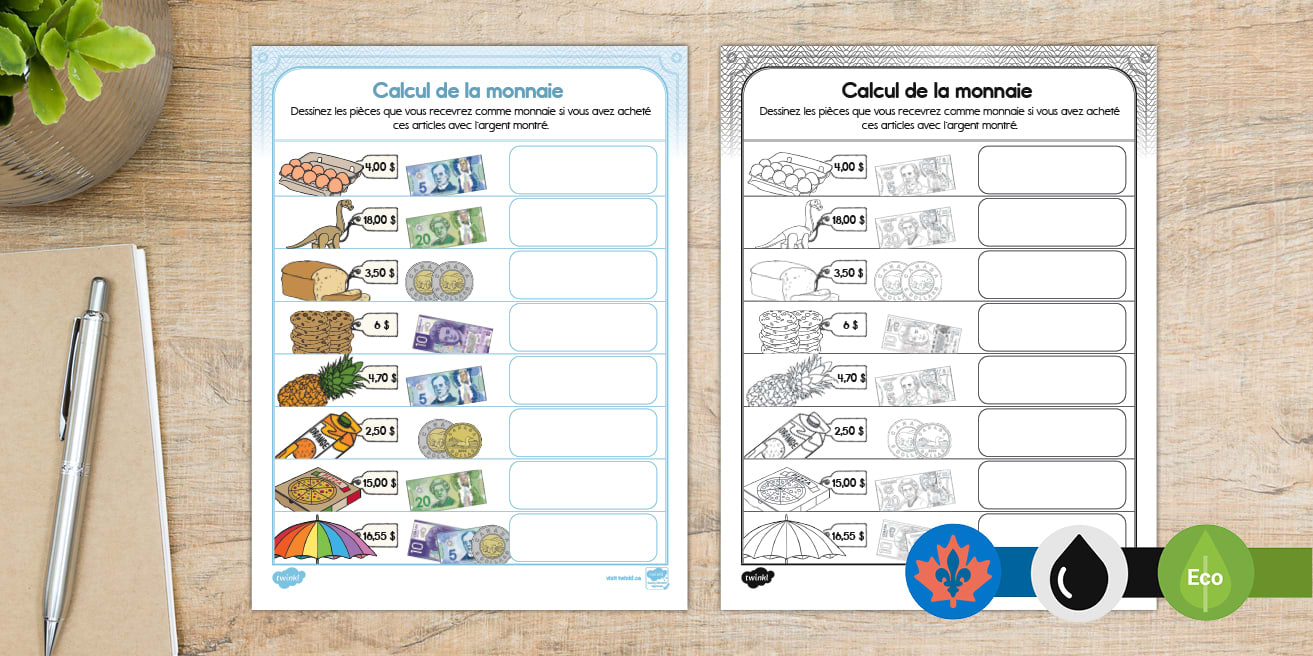 Canadian Money Calculating Change Activity French
