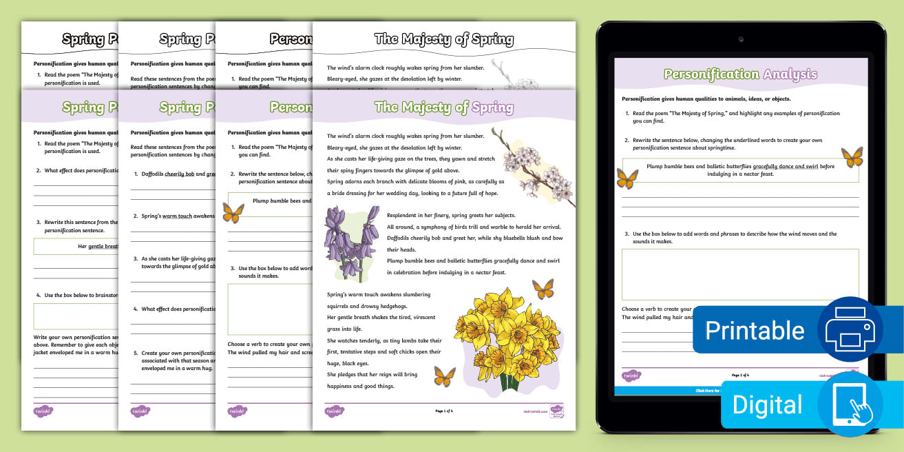 Spring Poem Personification Worksheets for 3rd-5th Grade