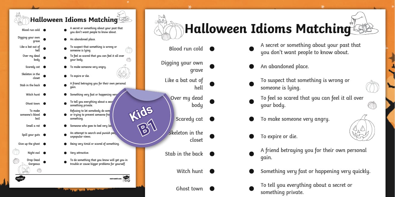 ESL Halloween Idiom Matching Worksheet [Kids, B1]