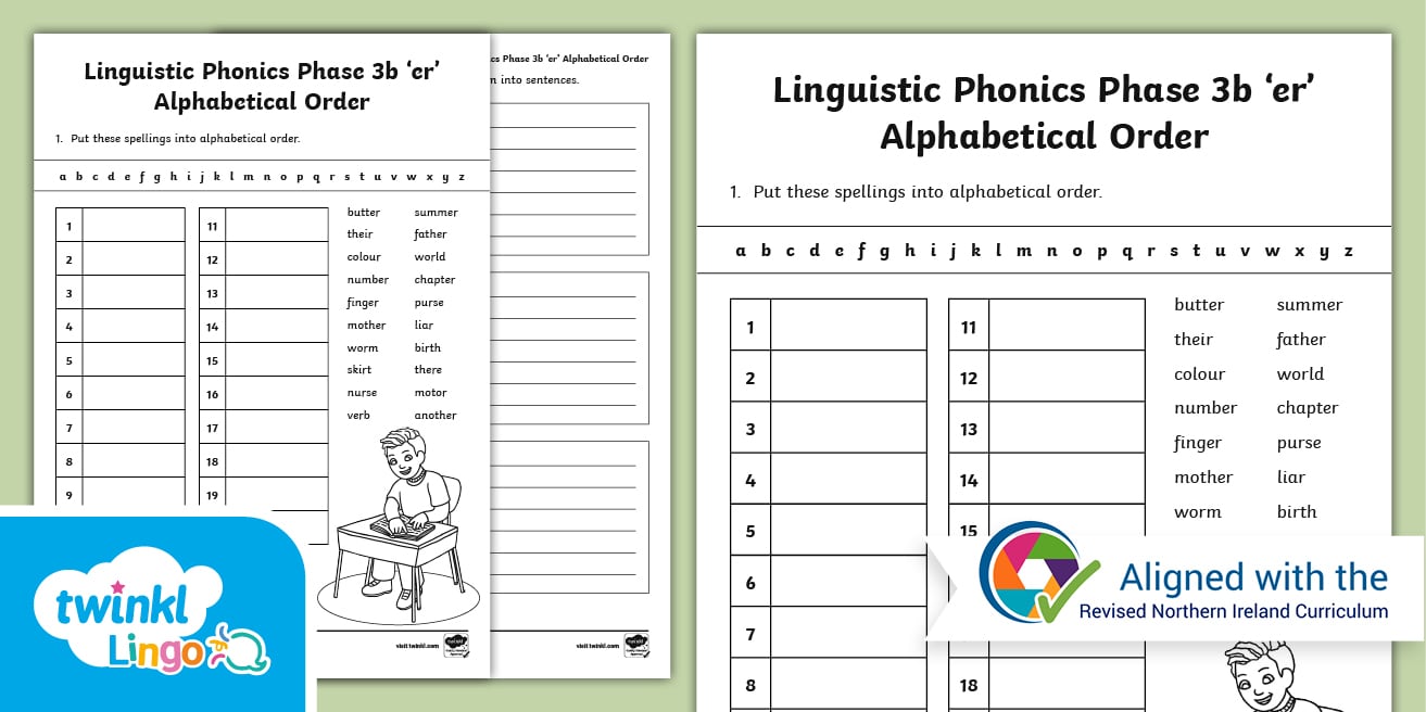 Linguistic Phonics Phase 3b 'er' Alphabetical Order