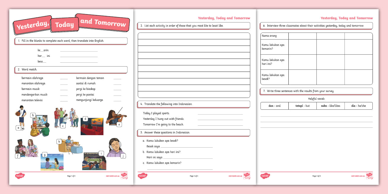 Year 5-6 Indonesian Activity: Yesterday, Today, Tomorrow