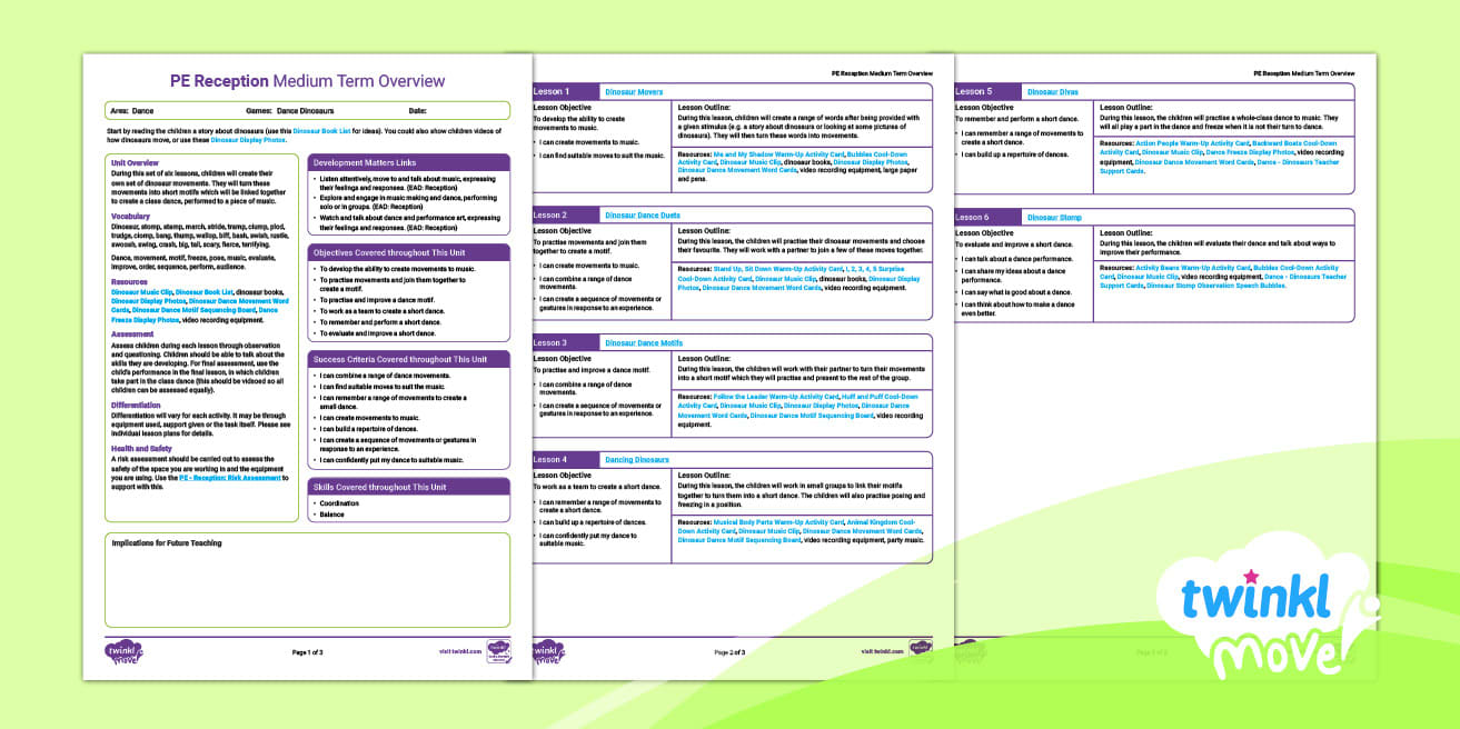 Twinkl Move - Reception Dance: Dinosaurs Medium Term Overview - Planning, dinosuar, dinsaur ...
