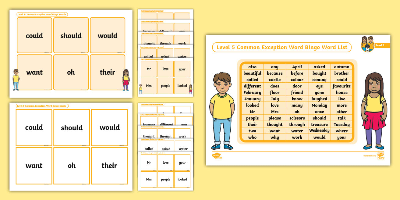 Level 5 Common Exception Word Bingo