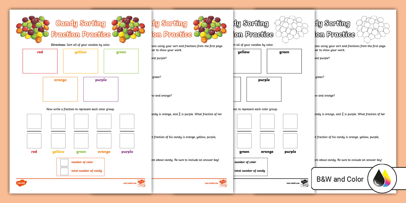 Candy Sorting Fraction Math Worksheet for 3rd-5th Grade