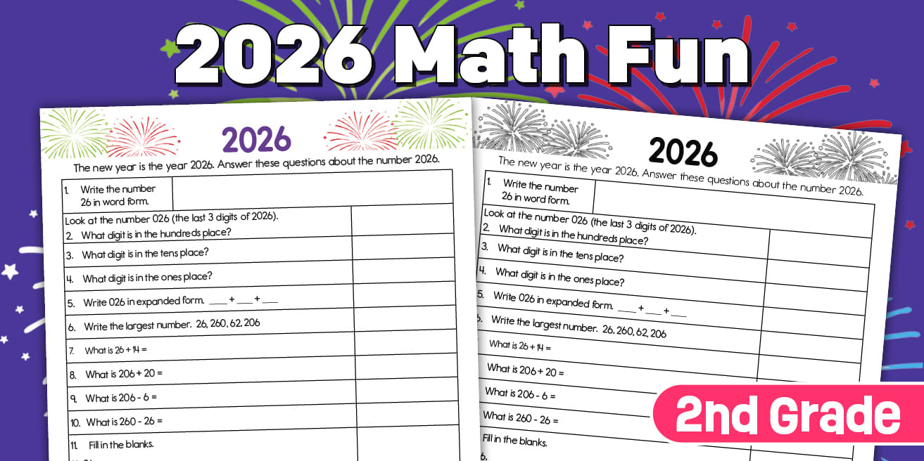 Second Grade New Year 2026 Math Fun Worksheet