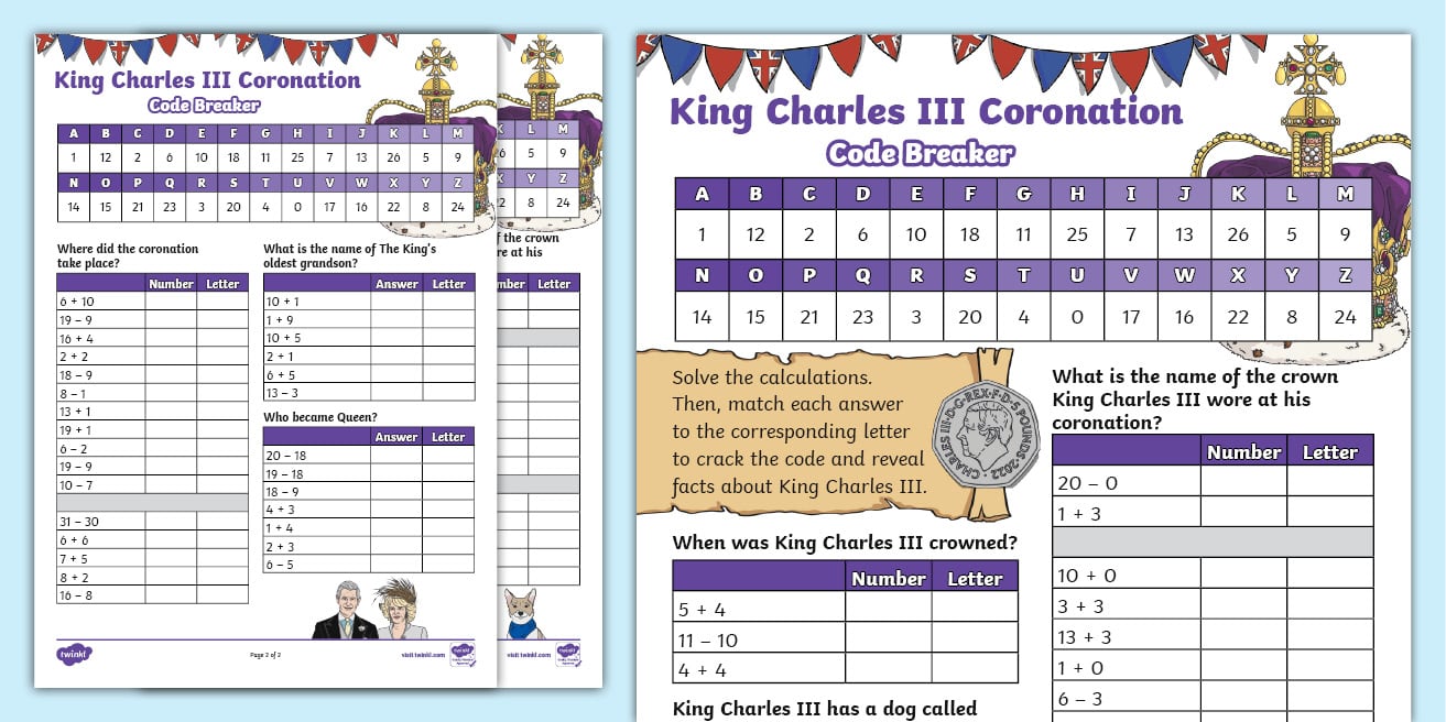 Year 1 King Charles III Coronation Maths Code Breaker Activity Sheet