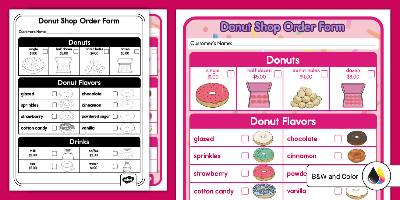 Donut Shop Dramatic Play Order Form
