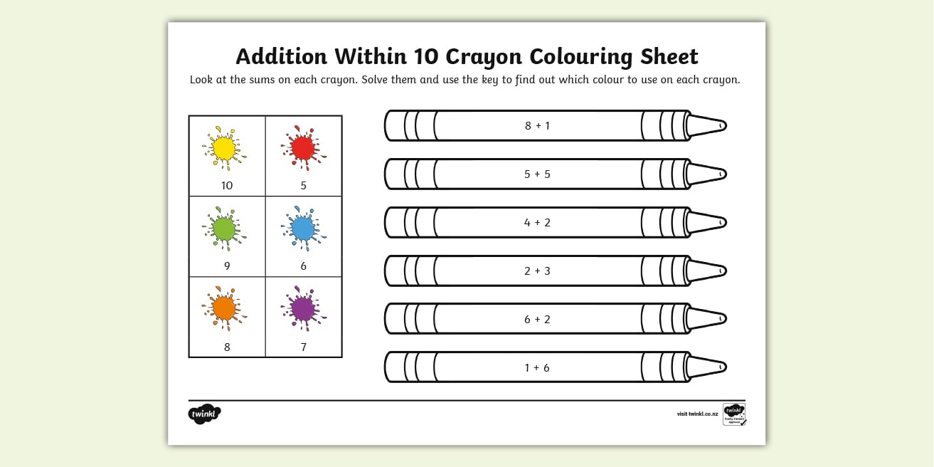 Addition within 10 Crayon Colouring Sheet