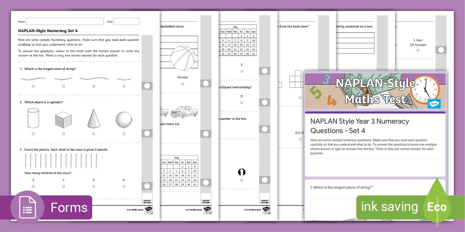 NAPLAN Style Numeracy Year 3 Example Test Set 4 Exam Questions
