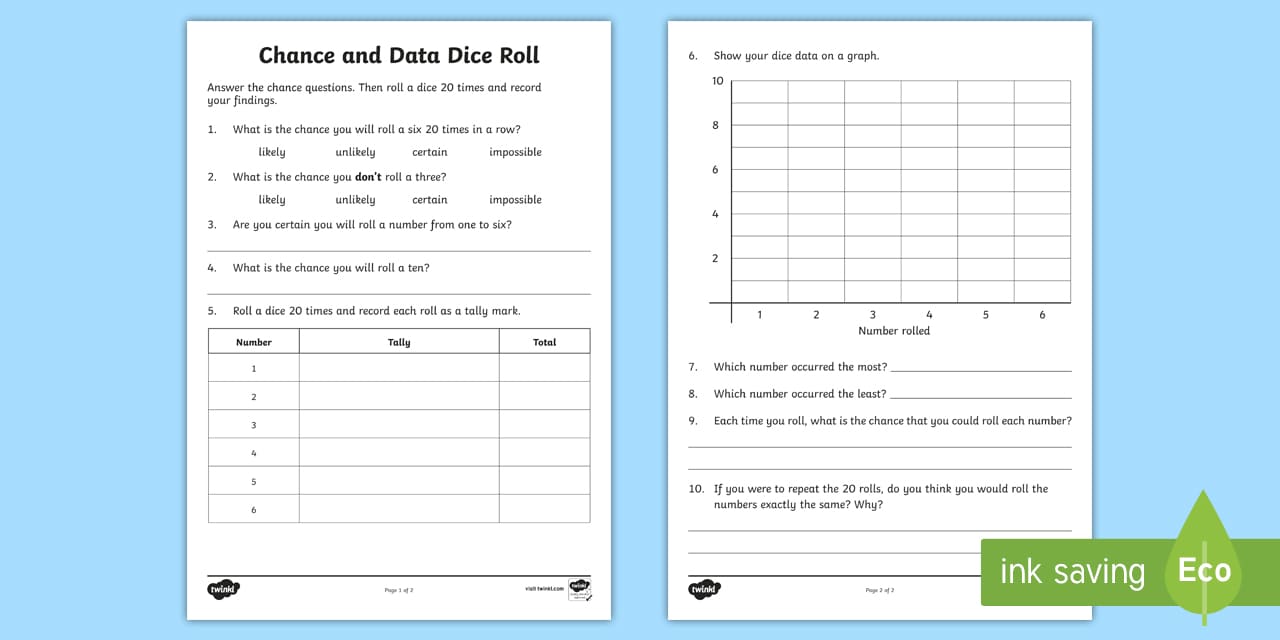 Year 2 Chance and Data Dice Roll Worksheet
