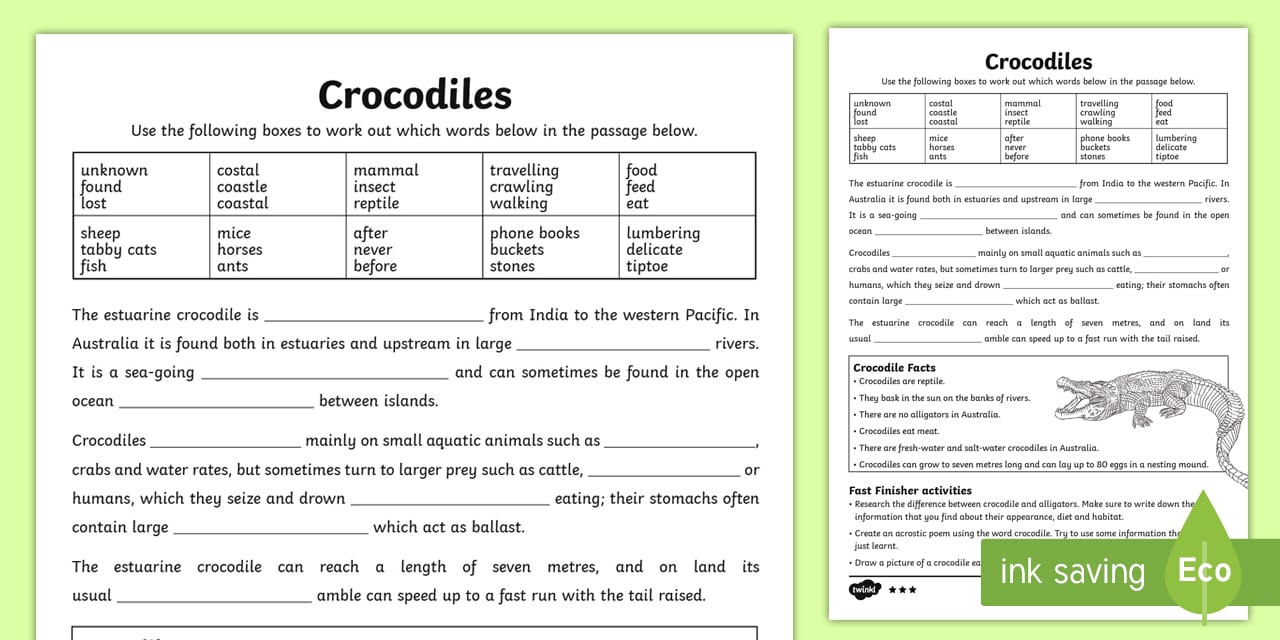 Comprehension Cloze Year 3 - Year 6 | Crocodiles | Twinkl