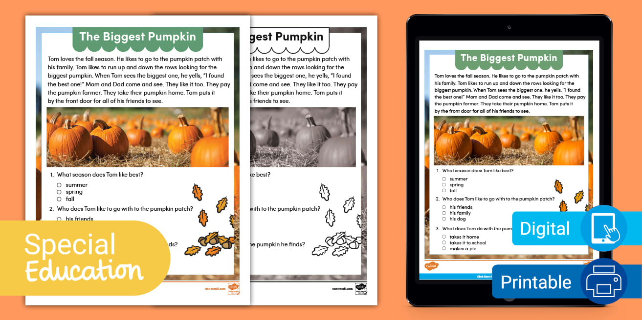 The Biggest Pumpkin Reading Passage Comprehension Worksheet