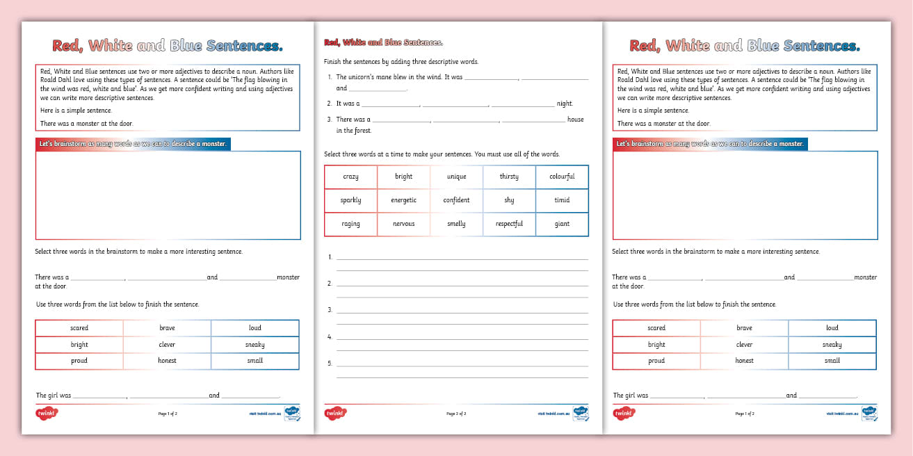 Red, White and Blue Sentences Worksheet