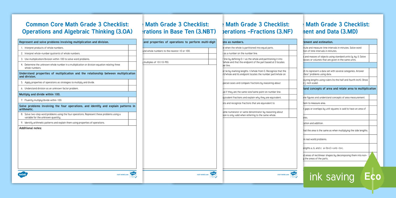 Third Grade Common Core Math Standards Teacher Checklist