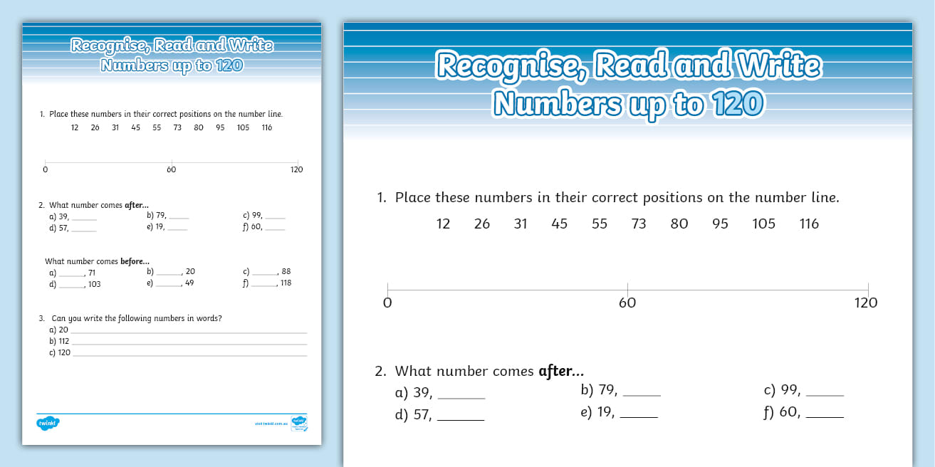 Recognise, Read and Write Numbers up to 120 Worksheet